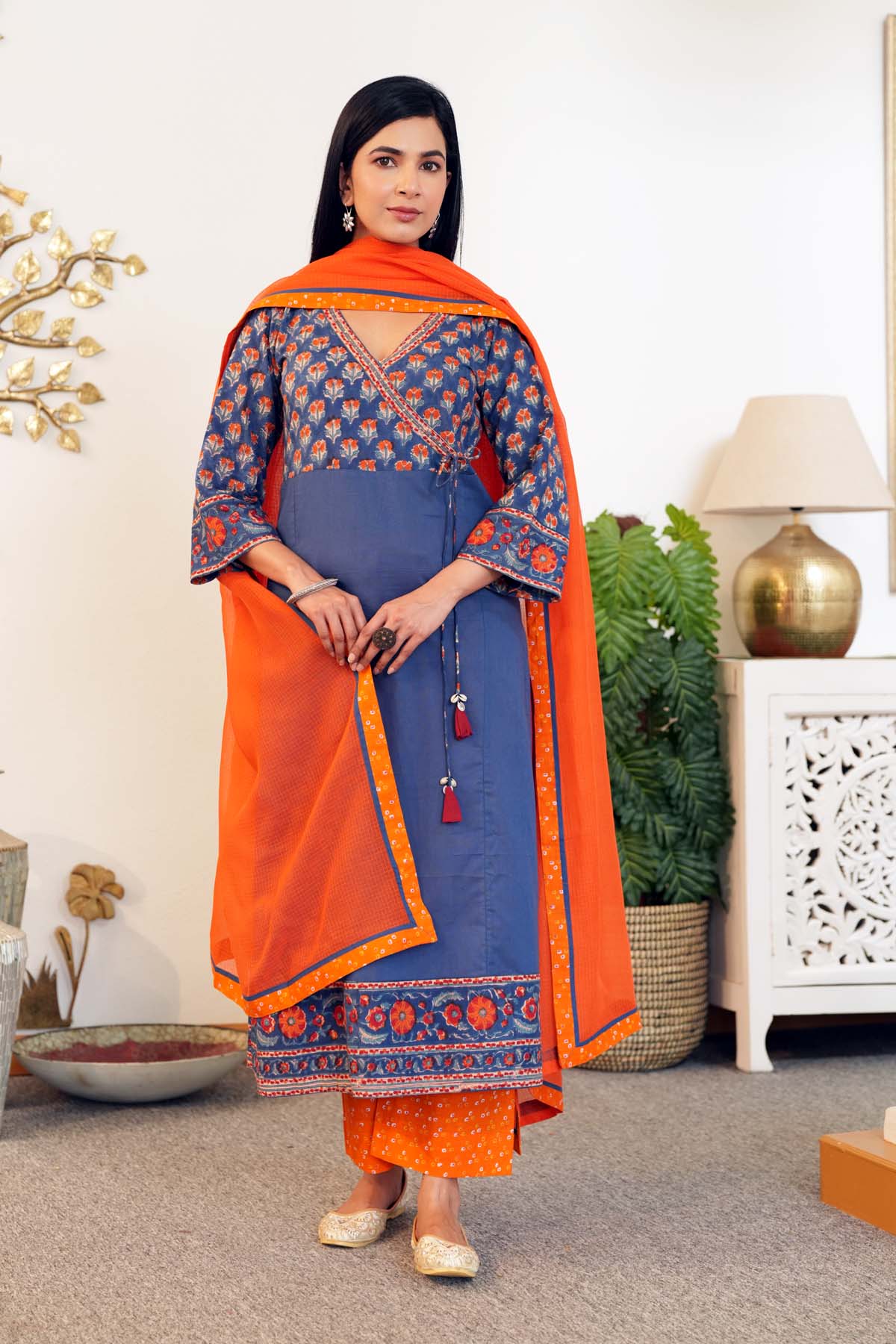 Deep Orange Kotadoriya Dupatta With Fabric Borders | Cotras