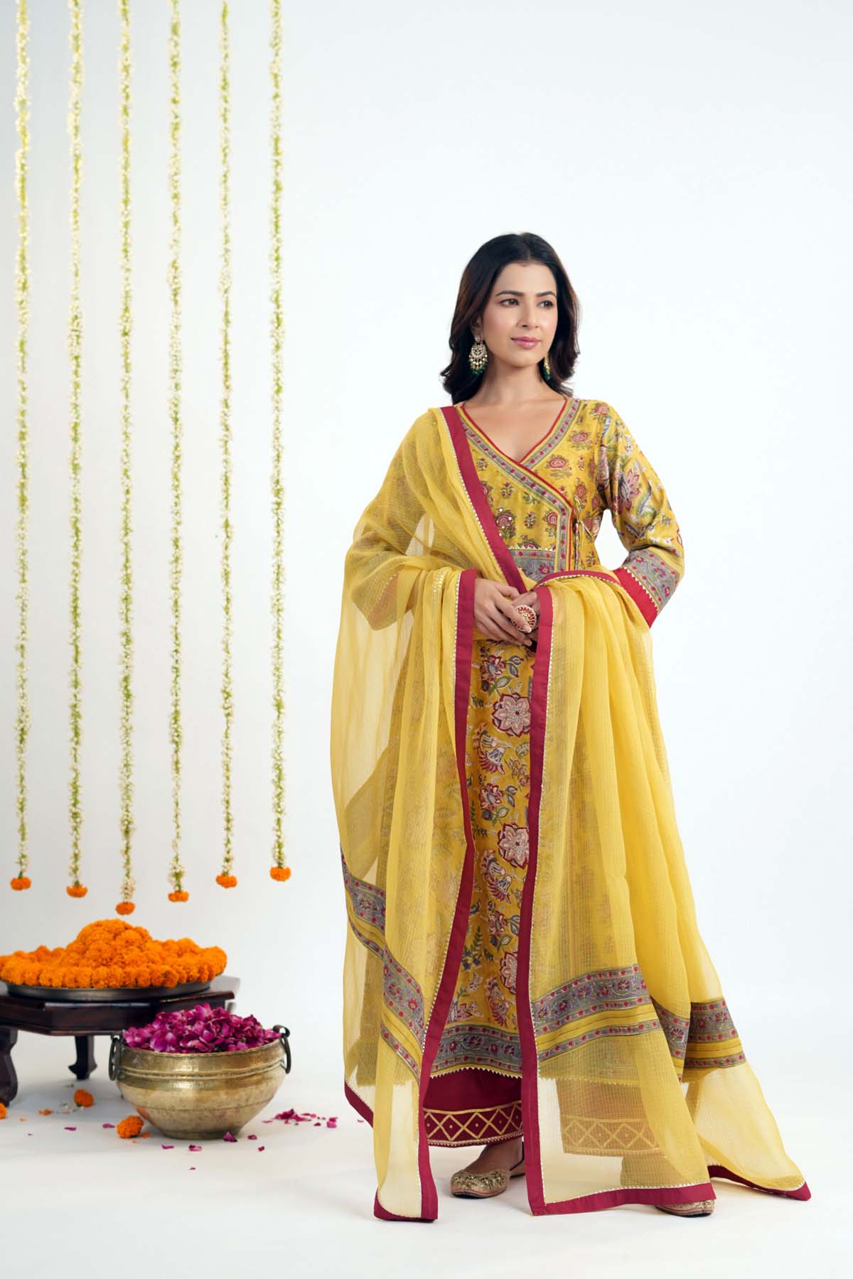 Mustard Yellow Angrakha Kurta In Chanderi Fabric | Cotras