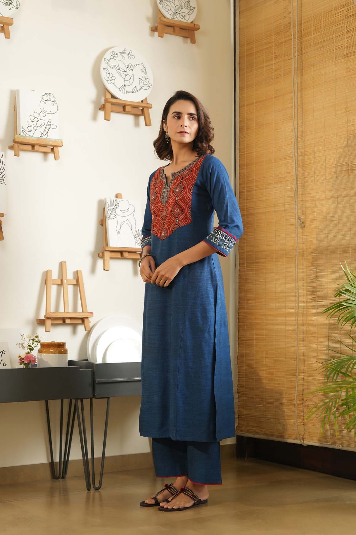 Deep Blue Long Length A-Line Kurta In Handloom Cotton | Cotras
