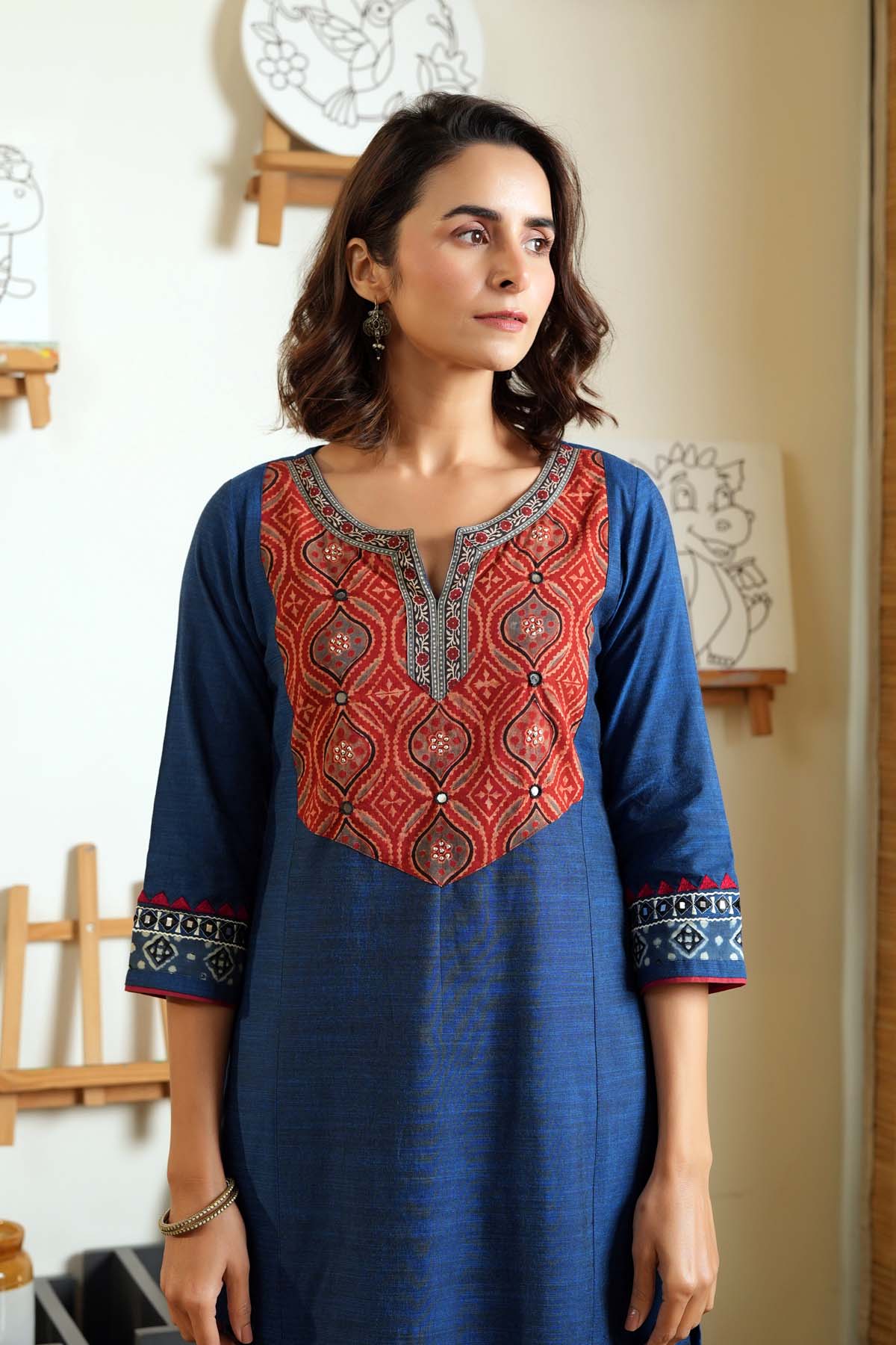 Deep Blue Long Length A-Line Kurta In Handloom Cotton | Cotras