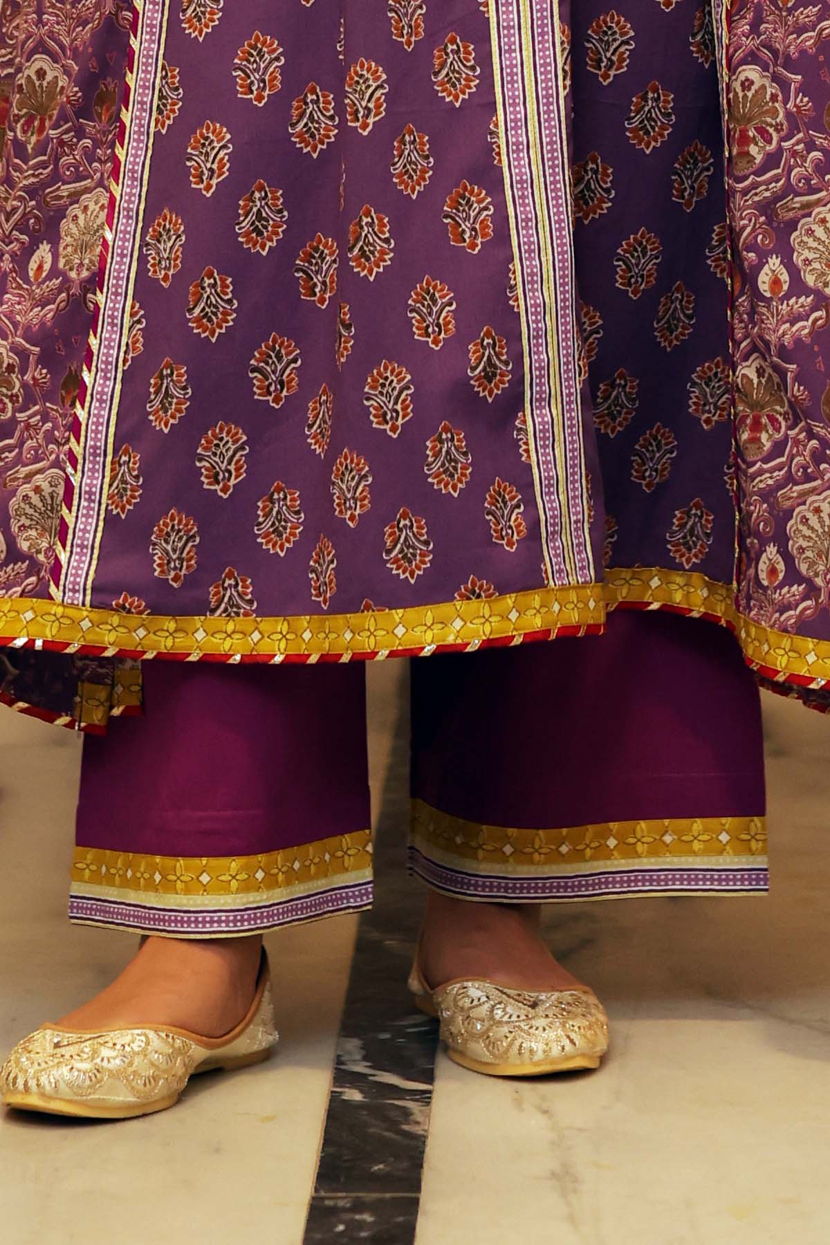 Purple Straight Fit Pant With Fabric border | Cotras