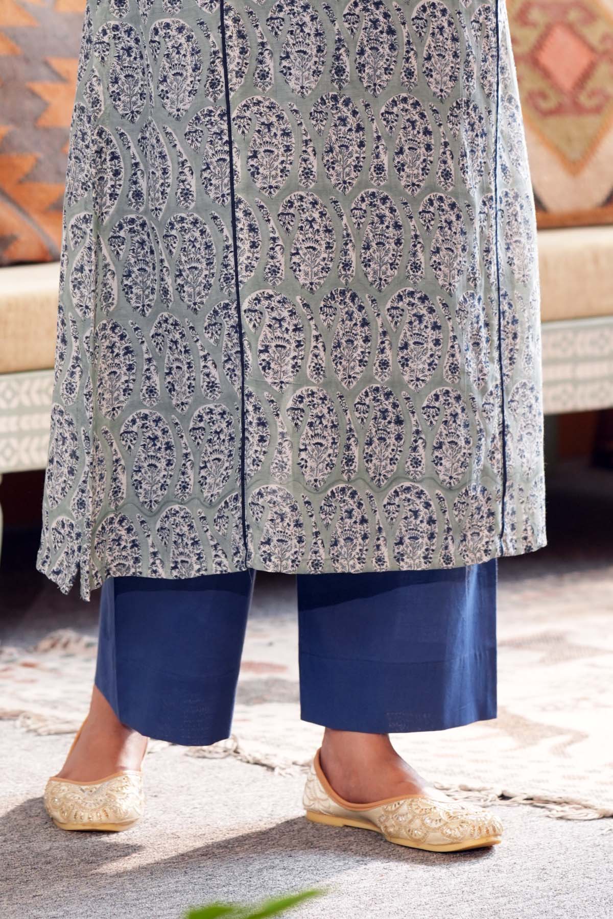 Blue Straight Fit Cotton Pants | Cotras