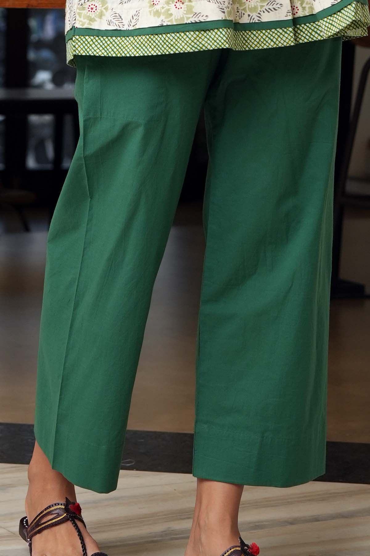 Cotton Straight Pants In Deep Green Color | Cotras