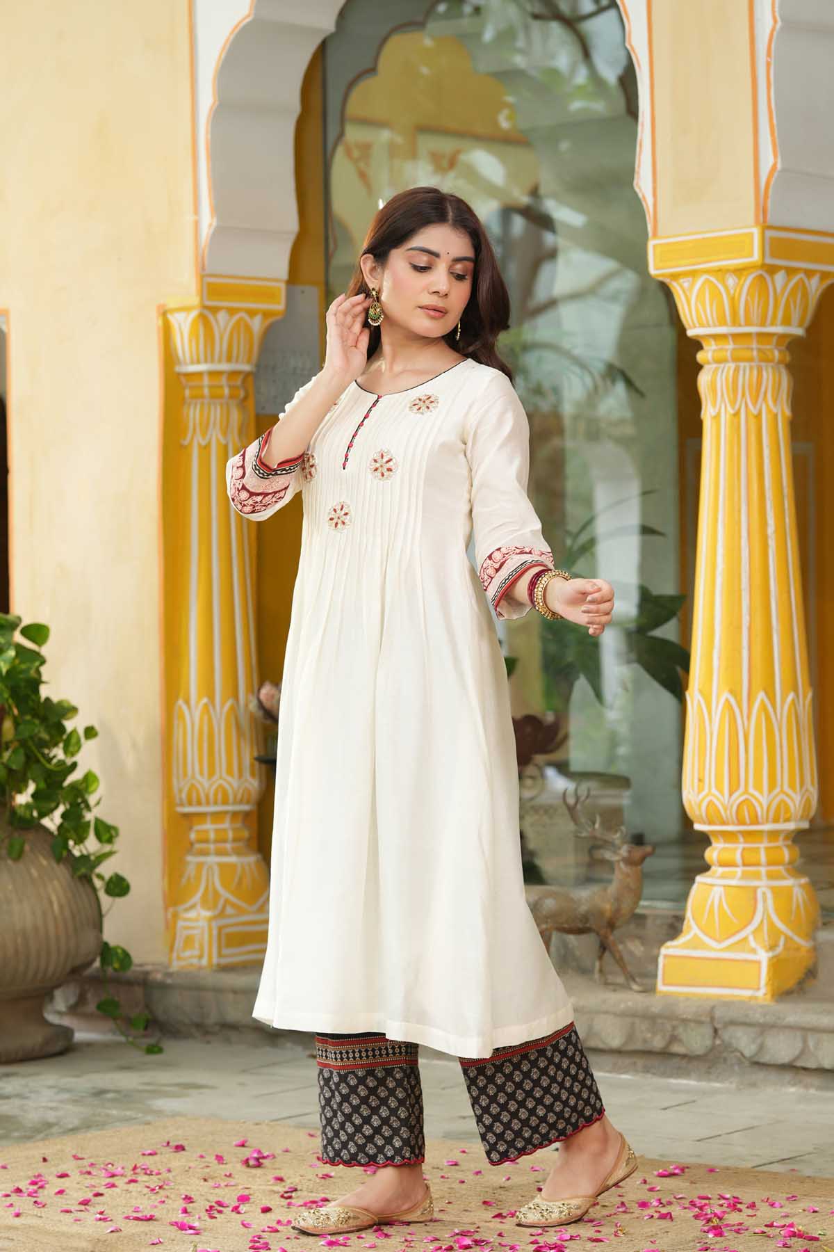 A-Line Cream Color Chanderi Kurta With Gota Work | Cotras